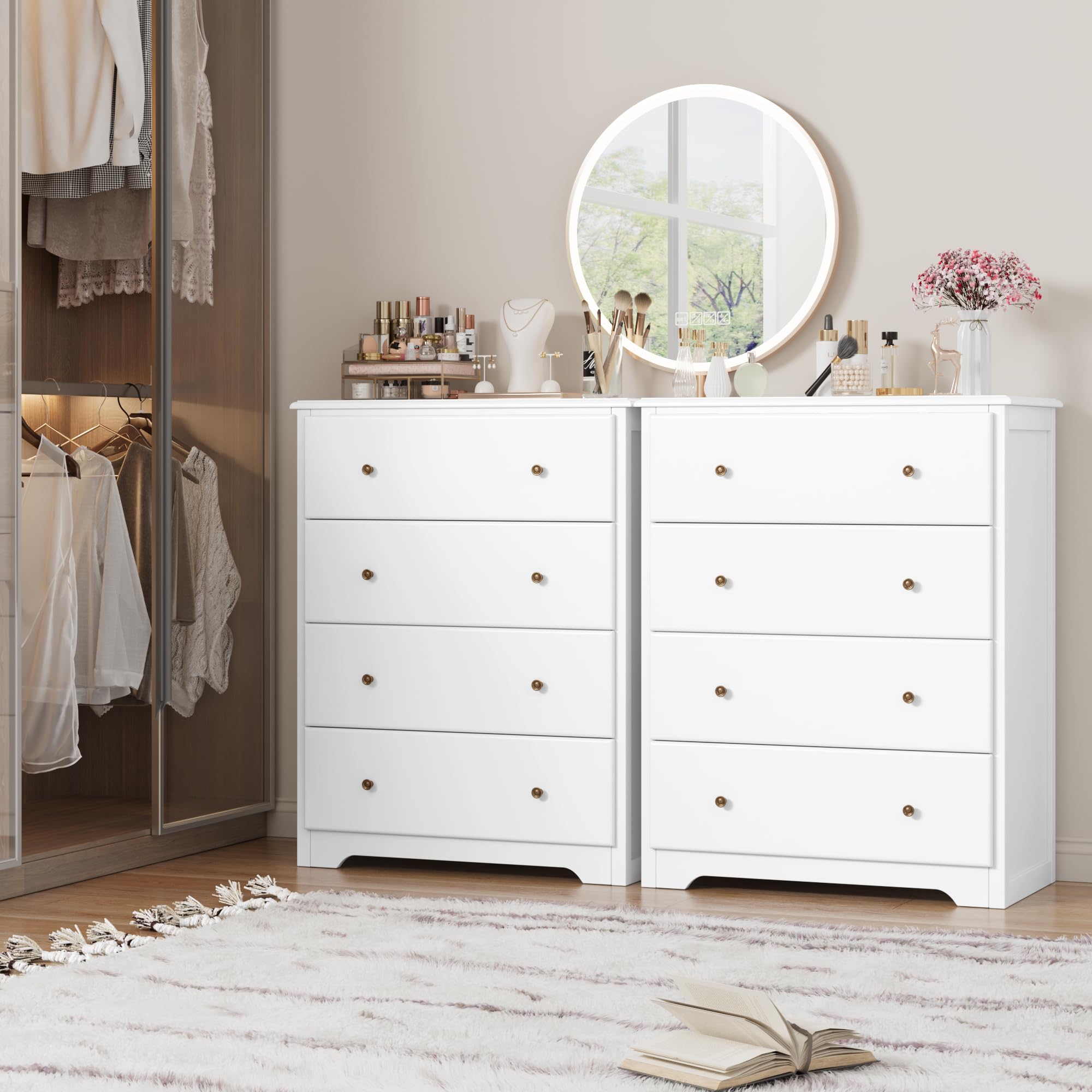 HOUSUIT White Dresser, 4 Drawer Dressers Chest of Drawers, Modern Tall Dresser, Wood Drawer Chest Storage Cabinet for Living Room, Hallway, Entryway, Home Office, Ivory White