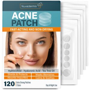 nuvadermis acne pimple patches - dark spot, blemish, zit treatment - 54% hydrocolloid dot stickers - hyaluronic acid, salicylic acid, vitamin a, tea tree oil - fsa hsa approved products - 120 pack