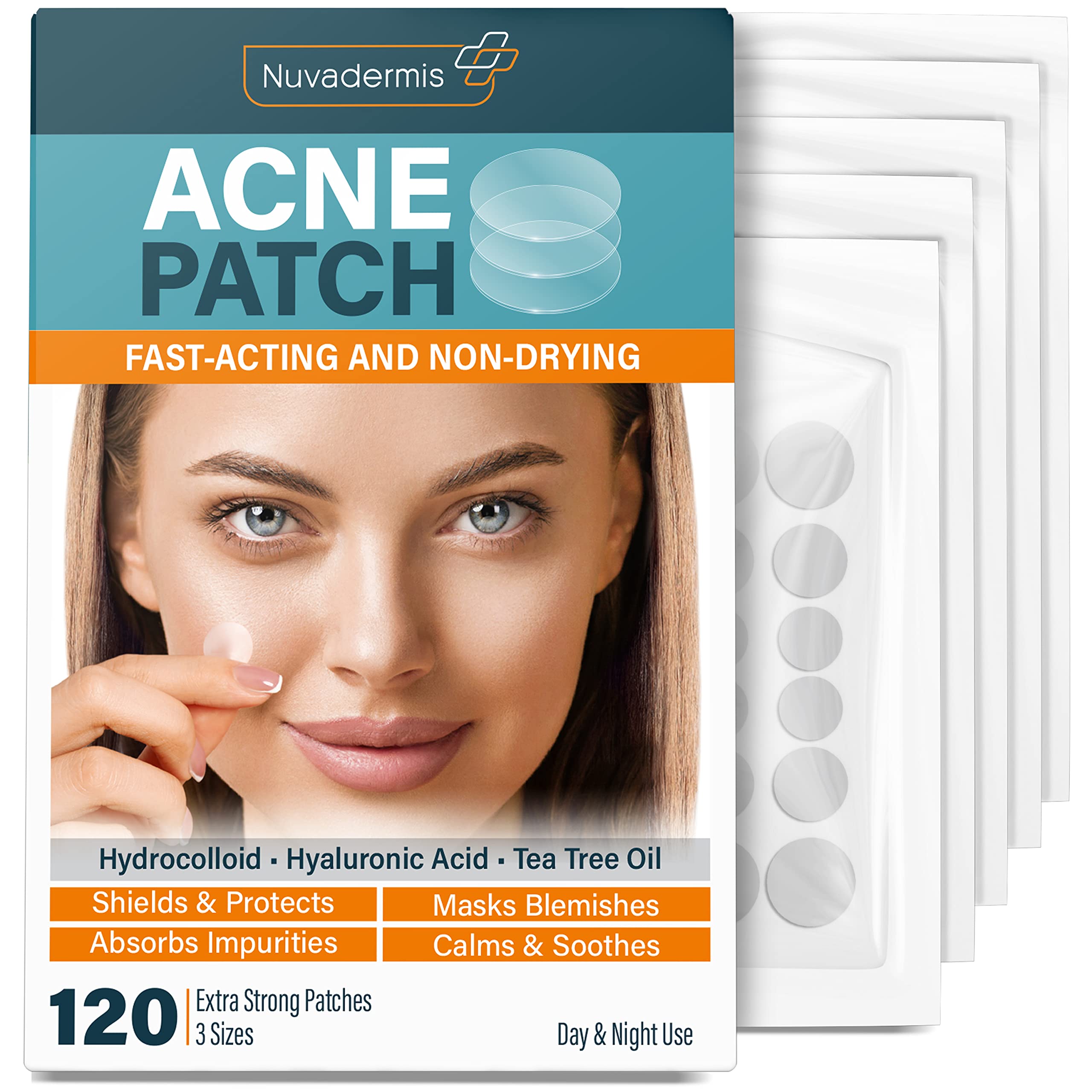 NUVADERMIS Acne Pimple Patches - Dark Spot, Blemish, Zit Treatment - 54% Hydrocolloid Dot Stickers - Hyaluronic Acid, Salicylic Acid, Vitamin A, Tea Tree Oil - FSA HSA Approved Products - 120 Pack