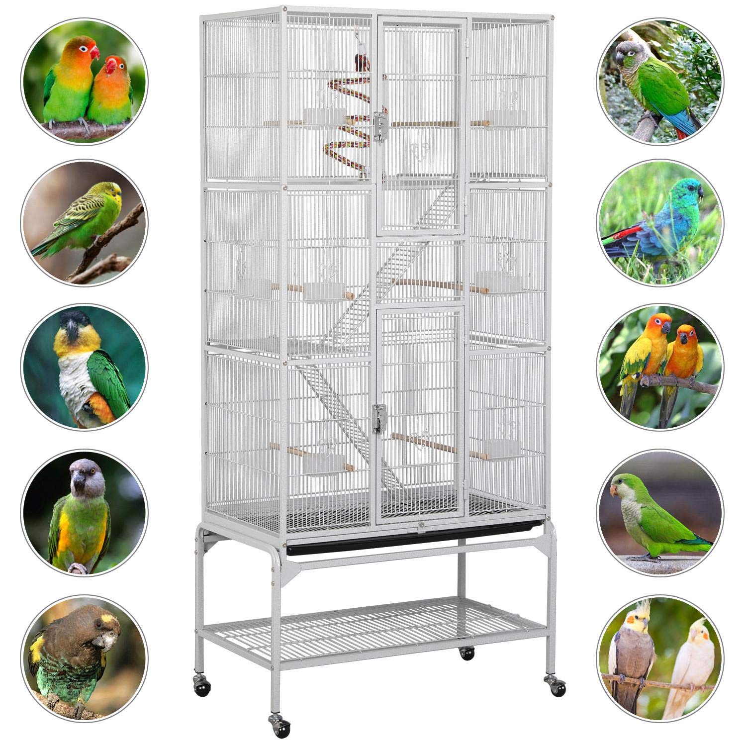 Topeakmart Birds Cage with Extra Large Space for Small Birds Like Lovebirds Parakeets Cockatiels ect, Mobile Bird Cage for Conures, Large Rolling Metal Cage with Detachable Stand, White