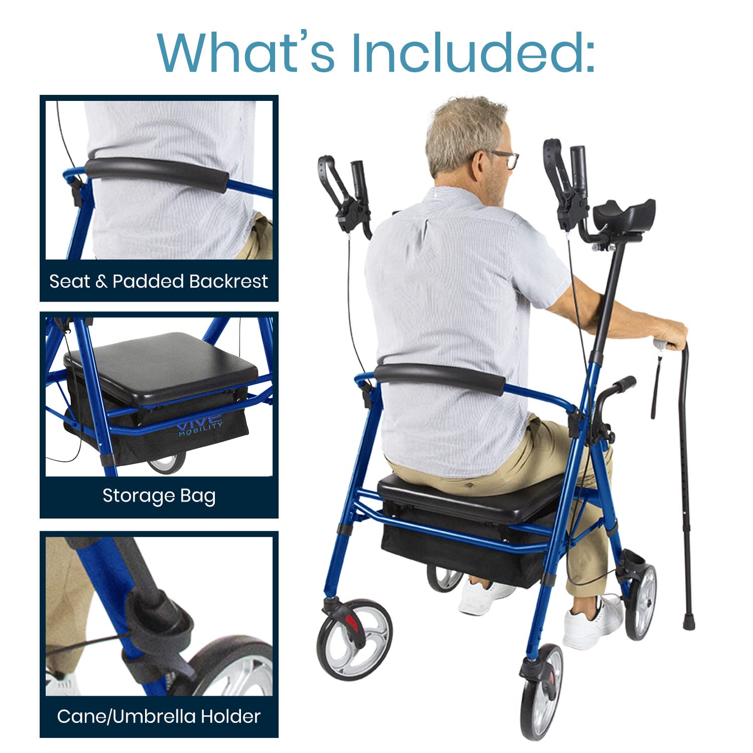 Vive Bariatric Upright Walker with Seat - Heavy Duty Senior Stand Up Rollator, Extra Wide Frame - Padded Armrest & Backrest -Mobility Aid Portable Rolling Walker with Bag - Fits Tall & Large People