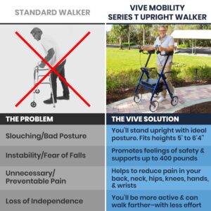 Vive Bariatric Upright Walker with Seat - Heavy Duty Senior Stand Up Rollator, Extra Wide Frame - Padded Armrest & Backrest -Mobility Aid Portable Rolling Walker with Bag - Fits Tall & Large People