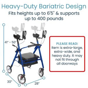 Vive Bariatric Upright Walker with Seat - Heavy Duty Senior Stand Up Rollator, Extra Wide Frame - Padded Armrest & Backrest -Mobility Aid Portable Rolling Walker with Bag - Fits Tall & Large People