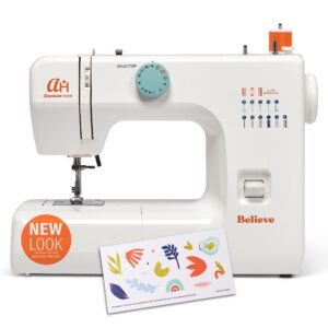 the believe beginner sewing machine by american home makes sewing for beginners easy on portable small sewing machine with 12 built-in stitches, automatic stitch control plus fun decals, ah600