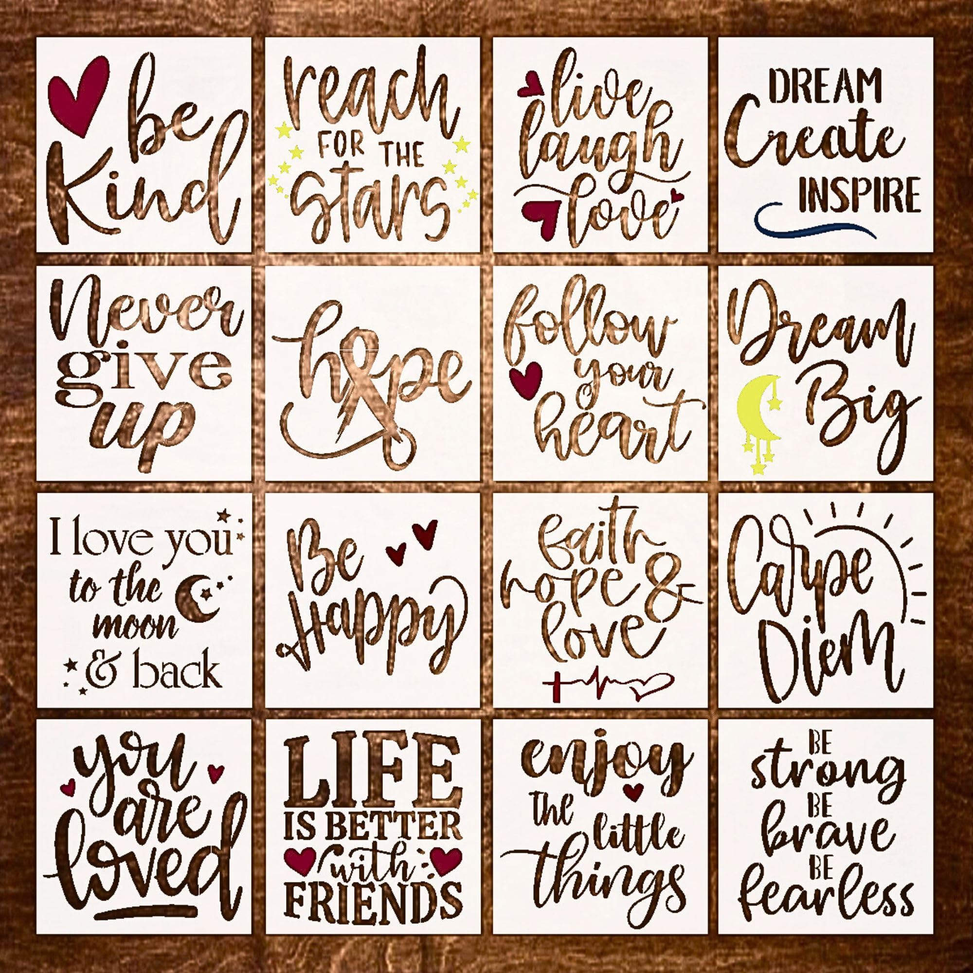 16 Piece Inspirational Word Stencil Set - Stencils for Painting on Wood - Quotes Include Dream, Faith Hope Love - Stencils for Painting on Canvas, Stencils for Crafts Reusable for Signs and Fabric