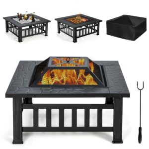 giantex 32" outdoor fire pit, 3 in 1 square wood burning fire table, multifunctional firepit for outside patio backyard porch garden, bonfire stove fireplace with rain cover for picnic, camping