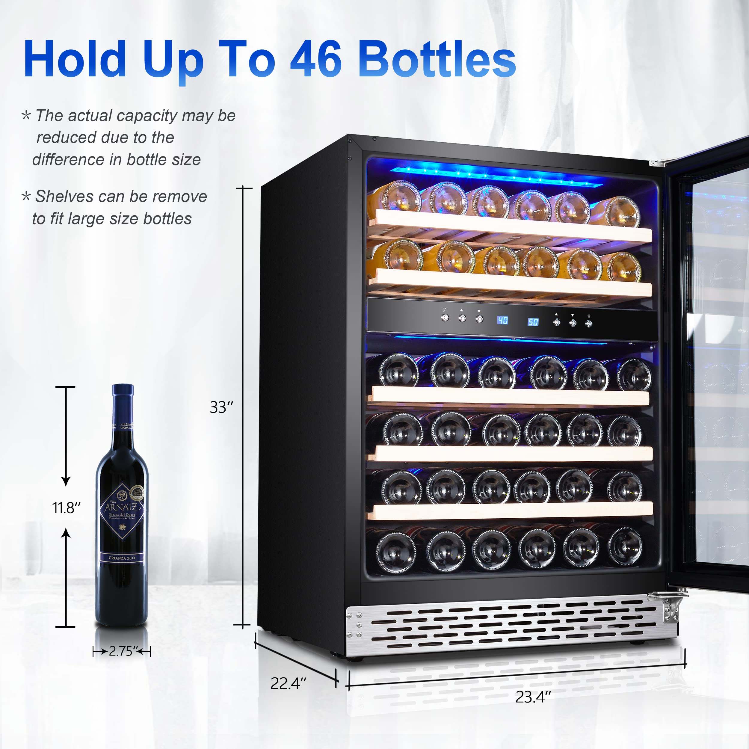 Phiestina Wine Refrigerator, 24 inch-46 Bottles Wine Cooler, Built-in Wine Fridge Under Counter or Freestanding Dual Zones, Auto Defrost with 6 Removable Shelves Glass Door for Home Office Bar