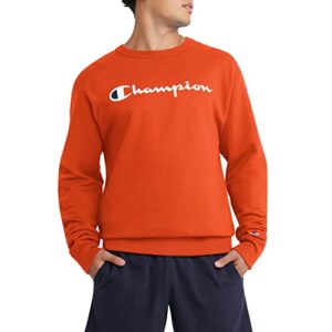 champion men's powerblend fleece crew, spicy orange script, large