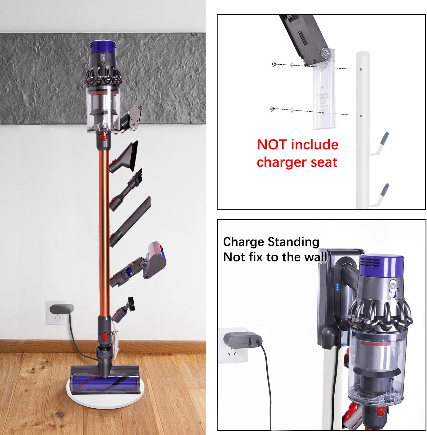 XIGOO Freestanding Vacuum Stand Holder Compatible with V15 Detect, V11 V10 V8 V7 V6 Cordless Vacuum Cleaners, Floor Docking Station Metal Organizer Bracket with 6 Hooks, White