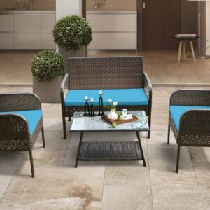 STP-Y 4 Pieces Outdoor Patio Furniture Set All-Weather Wicker Sofa Set Rattan Chair with Tempered Glass Table, Cushioned Seats Conversation Sets, Blue (Color : Blue)