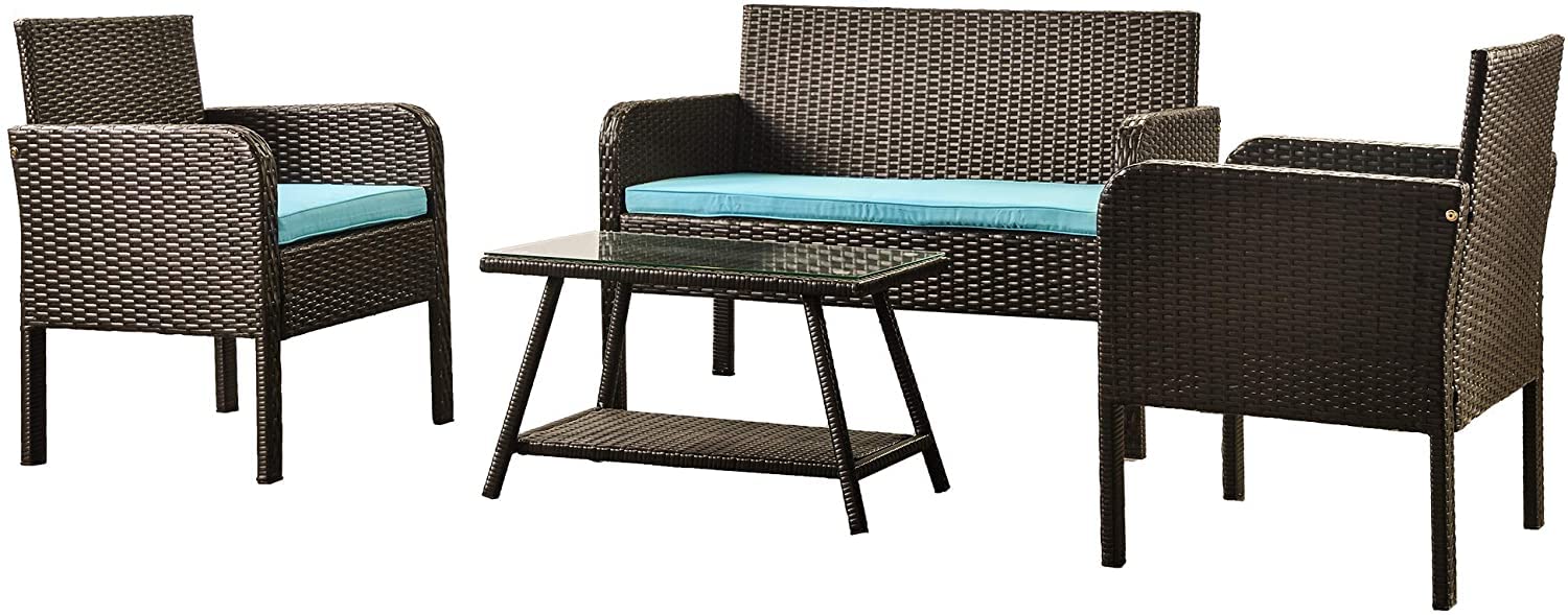 STP-Y 4 Pieces Outdoor Patio Furniture Set All-Weather Wicker Sofa Set Rattan Chair with Tempered Glass Table, Cushioned Seats Conversation Sets, Blue (Color : Blue)