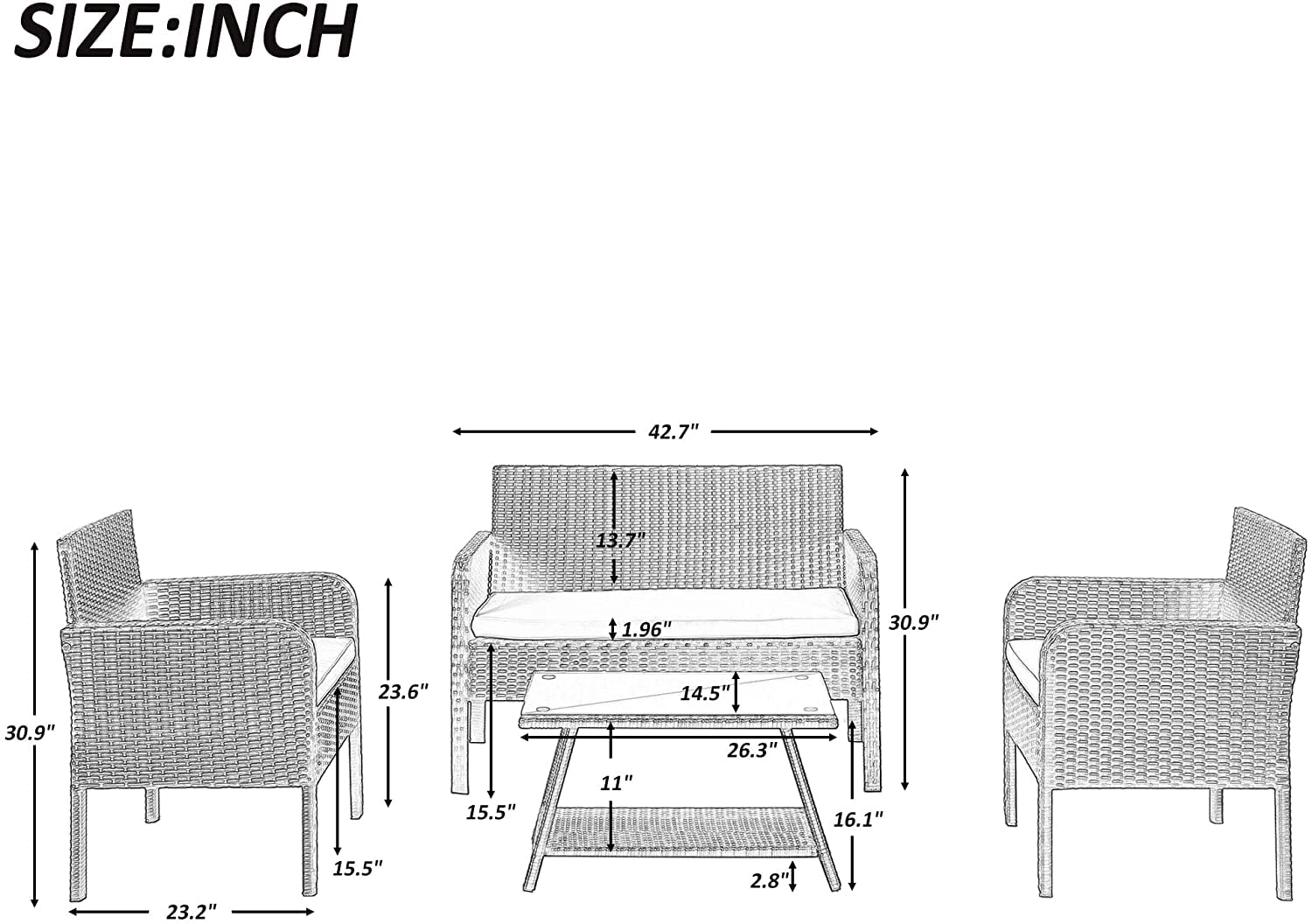 STP-Y4 Pieces Outdoor Patio Furniture Set All-Weather Wicker Sofa Set Rattan Chair with Tempered Glass Table, Cushioned Seats Conversation Sets, Blue (Color : Beige)