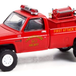 1986 Chevy C20 Custom Deluxe Pickup Truck Red First Attack Unit with Fire Accessories Lawrenceburg Fire Dept (in) 1/64 Diecast by Greenlight 67010 A