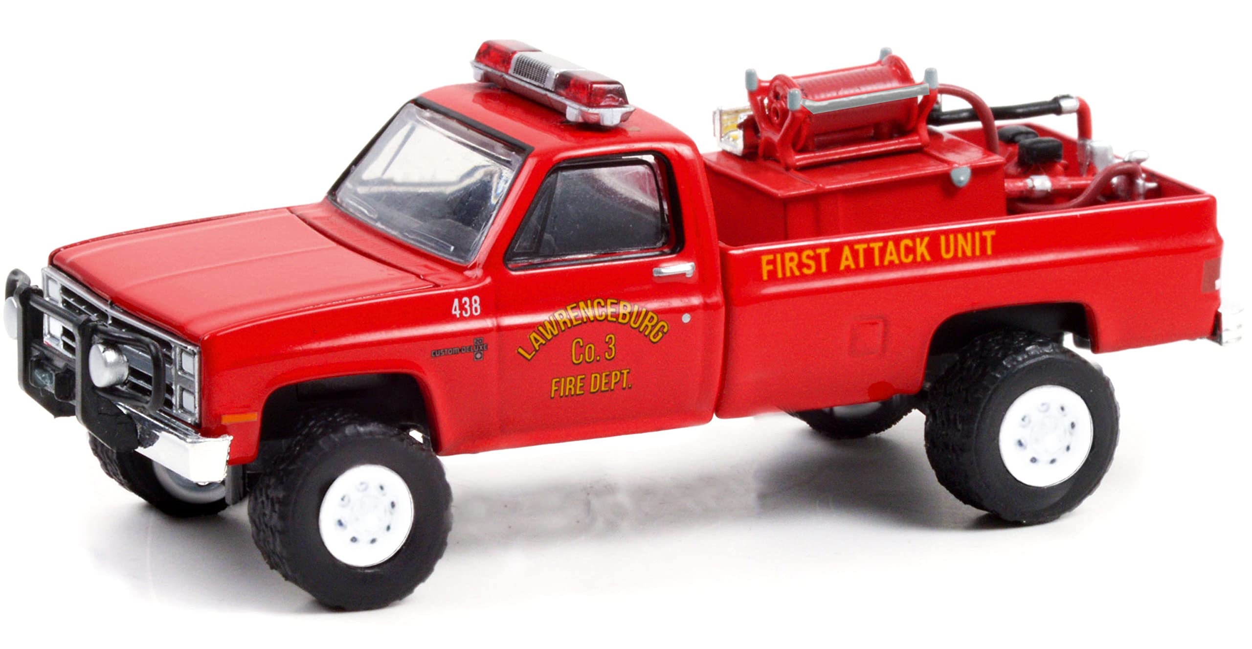 1986 Chevy C20 Custom Deluxe Pickup Truck Red First Attack Unit with Fire Accessories Lawrenceburg Fire Dept (in) 1/64 Diecast by Greenlight 67010 A