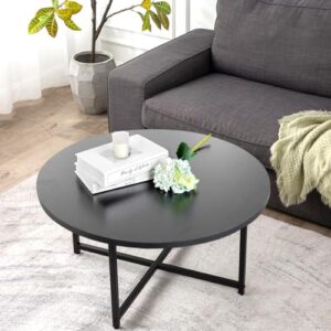 toysinthebox round coffee table modern coffee table sofa table tea table for living room, office desk, balcony, wood desktop and metal legs, black, 31.5"