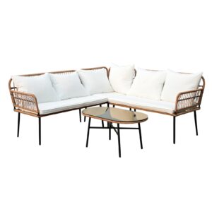 homsido 4 pieces patio sectional furniture chairs set boho water-resistant outdoor indoor wicker sectional sofa beige woven pe rattan conversation chat set with rect side table(white cushions)