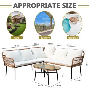 Homsido 4 Pieces Patio Sectional Furniture Chairs Set Boho Water-Resistant Outdoor Indoor Wicker Sectional Sofa Beige Woven PE Rattan Conversation Chat Set with Rect Side Table(White Cushions)