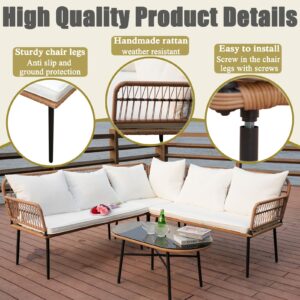 Homsido 4 Pieces Patio Sectional Furniture Chairs Set Boho Water-Resistant Outdoor Indoor Wicker Sectional Sofa Beige Woven PE Rattan Conversation Chat Set with Rect Side Table(White Cushions)