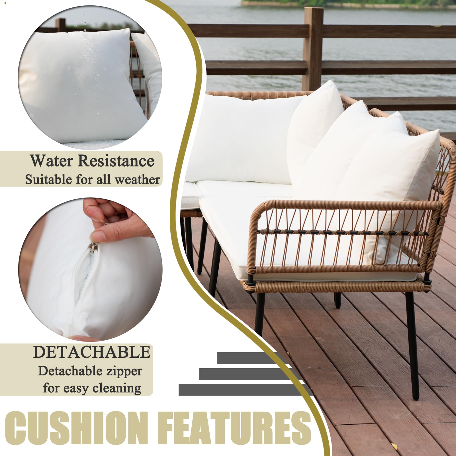 Homsido 4 Pieces Patio Sectional Furniture Chairs Set Boho Water-Resistant Outdoor Indoor Wicker Sectional Sofa Beige Woven PE Rattan Conversation Chat Set with Rect Side Table(White Cushions)