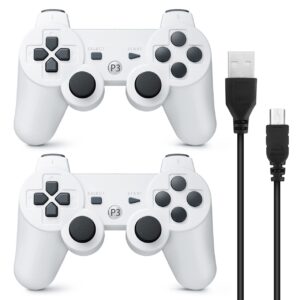 powerextra controller compatible with ps3, wireless 2 pack high performance gaming controller with upgraded joystick double shock for play-station 3 (white)