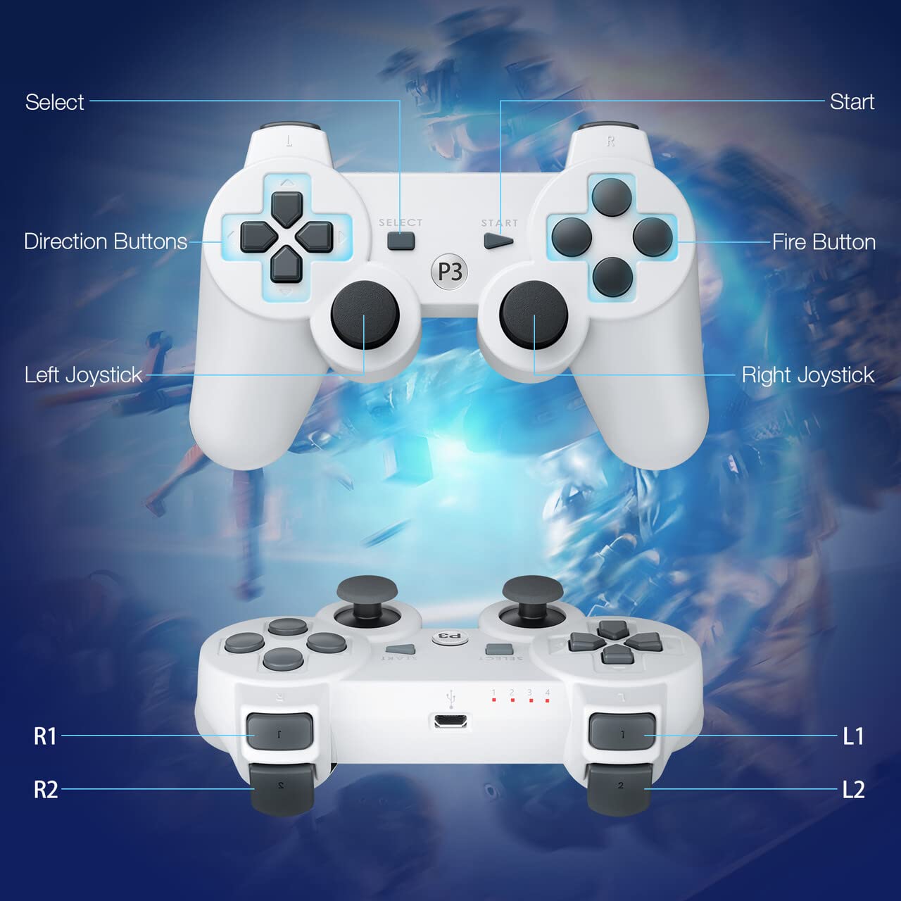 Powerextra Controller Compatible with PS3, Wireless 2 Pack High Performance Gaming Controller with Upgraded Joystick Double Shock for Play-Station 3 (White)