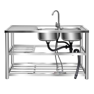 commercial kitchen prep sink & utility sink w/faucet, 2 compartment stainless steel kitchen sink with double storage shelves, free-standing double bowls sink for restaurant kitchen