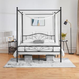 yaheetech queen canopy bed frames graceful scroll metal canopy bed/four-poster canopied platform bed with arched headboard/solid slats/underbed storage space/no box sring needed/ball finals, black