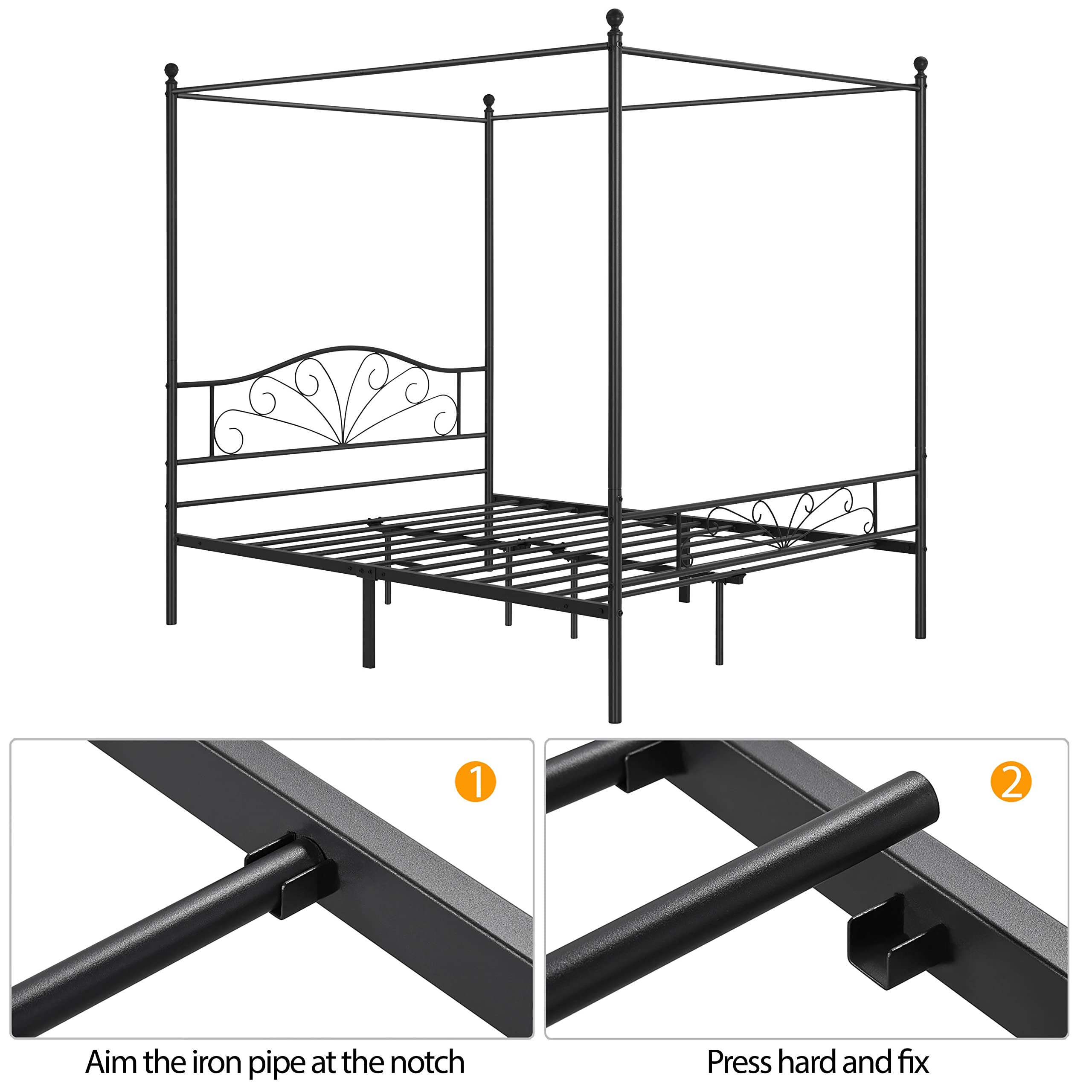 Yaheetech Queen Canopy Bed Frames Graceful Scroll Metal Canopy Bed/Four-Poster Canopied Platform Bed with Arched Headboard/Solid Slats/Underbed Storage Space/No Box Sring Needed/Ball Finals, Black