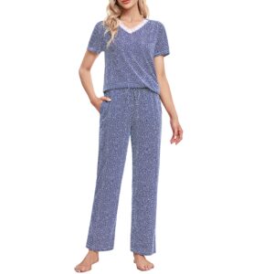 izzy + toby cotton pajama sets, soft sleepwear pjs set for women, summer pj short sleeve top and long pants, casual loungewear ladies pajamas navy