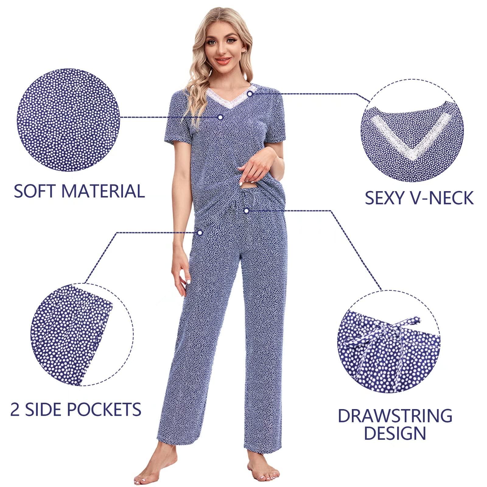 IZZY + TOBY Cotton Pajama Sets, Soft Sleepwear Pjs Set for Women, Summer Pj Short Sleeve Top and Long Pants, Casual Loungewear Ladies Pajamas Navy