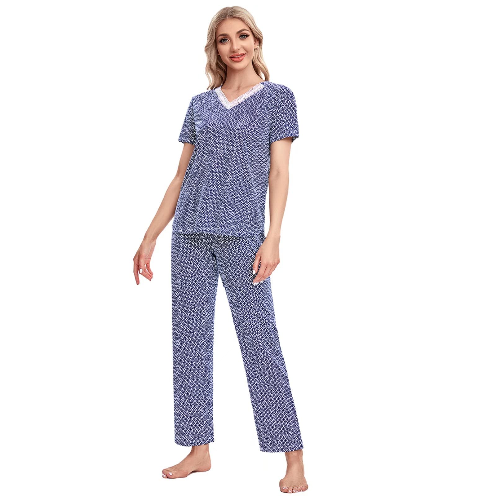 IZZY + TOBY Cotton Pajama Sets, Soft Sleepwear Pjs Set for Women, Summer Pj Short Sleeve Top and Long Pants, Casual Loungewear Ladies Pajamas Navy