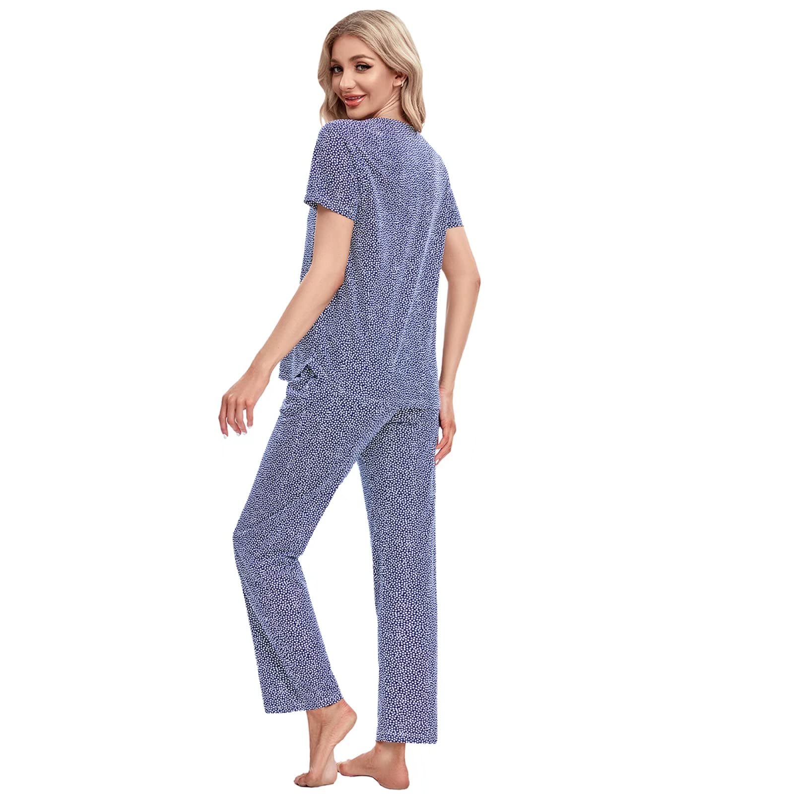 IZZY + TOBY Cotton Pajama Sets, Soft Sleepwear Pjs Set for Women, Summer Pj Short Sleeve Top and Long Pants, Casual Loungewear Ladies Pajamas Navy