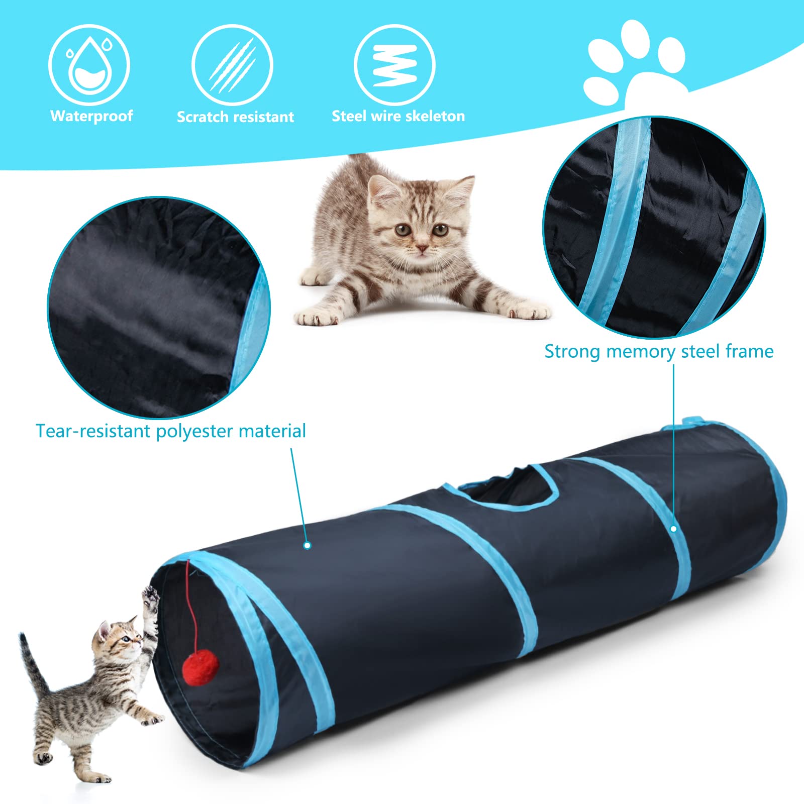 Sheldamy Cat Tunnel, 2-Way Collapsible Play Tunnel, Interactive Toy Maze for Small Animals, Suitable for Kittens, Puppies, Rabbits, Ferrets, Blue & Black