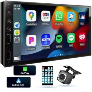 7 inch touch screen double din car stereo with bluetooth 5.1, android auto, apple carplay, backup camera, subwoofer, fm radio, mirror link