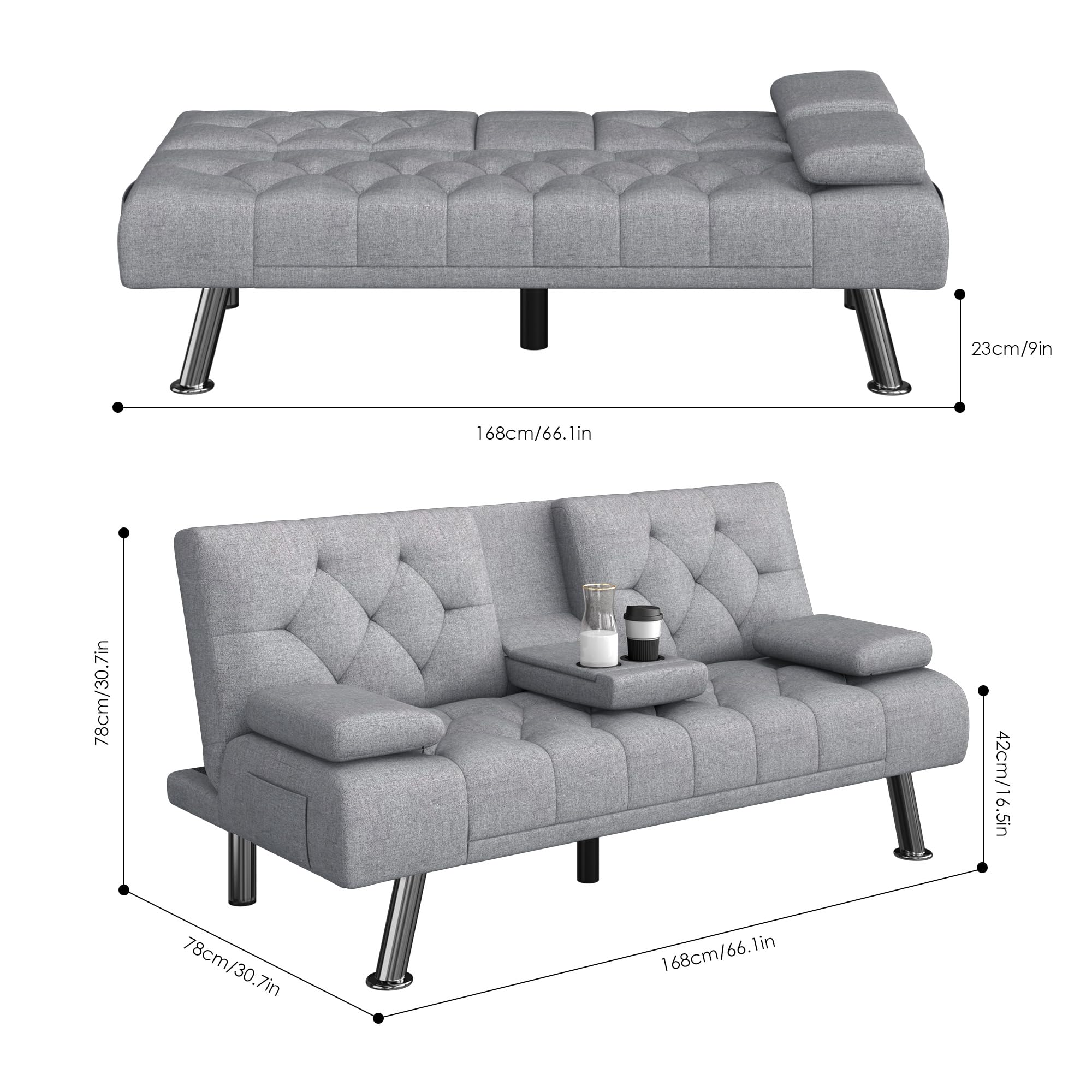 HIFIT Futon Sofa Bed, Upholstered Convertible Folding Sleeper Sofa Bed with Removable Armrests, Modern Futon Couch for Living Room, Bedroom, 2 Cupholders, Metal Legs, Grey