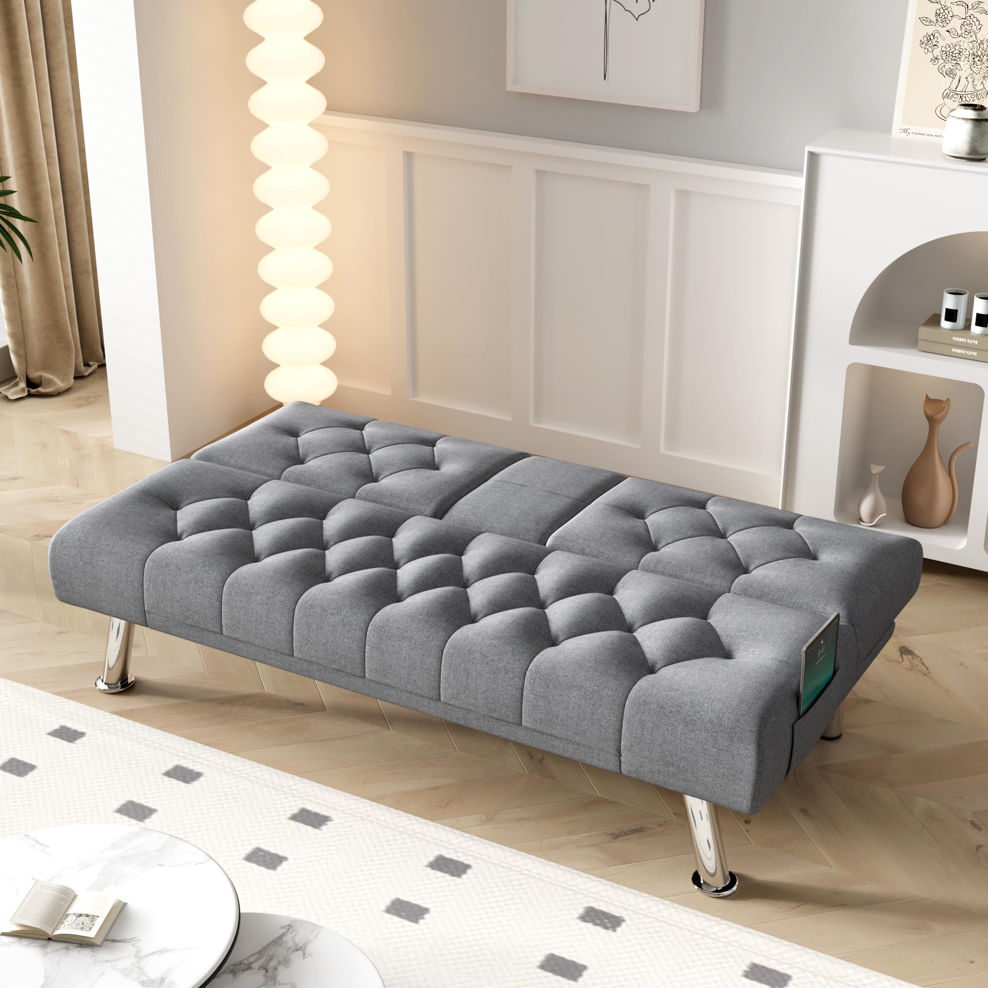 HIFIT Futon Sofa Bed, Upholstered Convertible Folding Sleeper Sofa Bed with Removable Armrests, Modern Futon Couch for Living Room, Bedroom, 2 Cupholders, Metal Legs, Grey