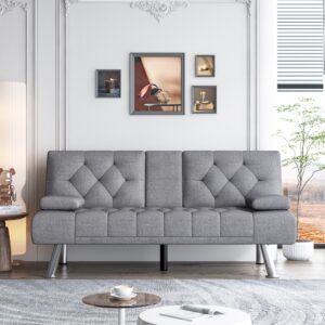 HIFIT Futon Sofa Bed, Upholstered Convertible Folding Sleeper Sofa Bed with Removable Armrests, Modern Futon Couch for Living Room, Bedroom, 2 Cupholders, Metal Legs, Grey