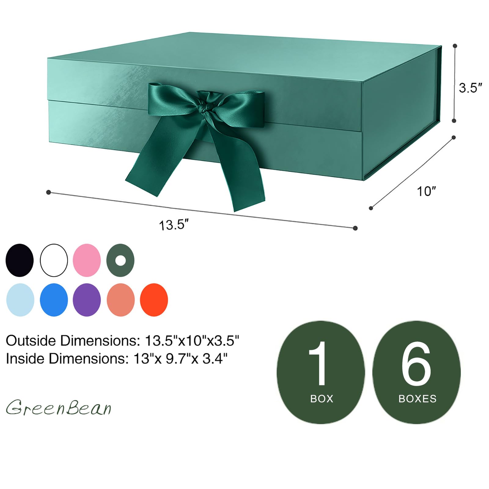 GREEN BEAN Large Gift Box with Lid for Present 13x9.7x3.4 Inches, Green Magnetic Gift Box with Ribbon, Bridesmaid Proposal Box, Luxury Gift Box (Glossy Green)