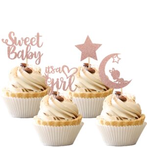 36 pcs baby shower girl cupcake toppers with moon glitter star it's a girl sweet baby gender reveal cupcake picks baby shower kids girls birthday party cake decorations supplies rose gold