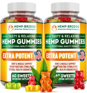 hempbridge pack of 2 hemp gummies - made in usa - omega 3 supplement with hemp oil - fruity gummies for joints, muscles, relax, calm, sleep, skin and nails