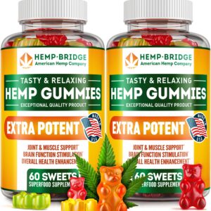 HEMPBRIDGE Pack of 2 Hemp Gummies - Made in USA - Omega 3 Supplement with Hemp Oil - Fruity Gummies for Joints, Muscles, Relax, Calm, Sleep, Skin and Nails