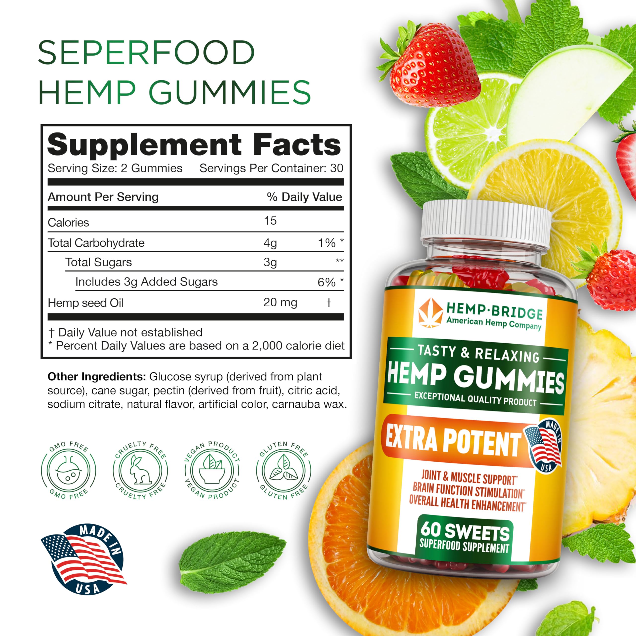 HEMPBRIDGE Pack of 2 Hemp Gummies - Made in USA - Omega 3 Supplement with Hemp Oil - Fruity Gummies for Joints, Muscles, Relax, Calm, Sleep, Skin and Nails