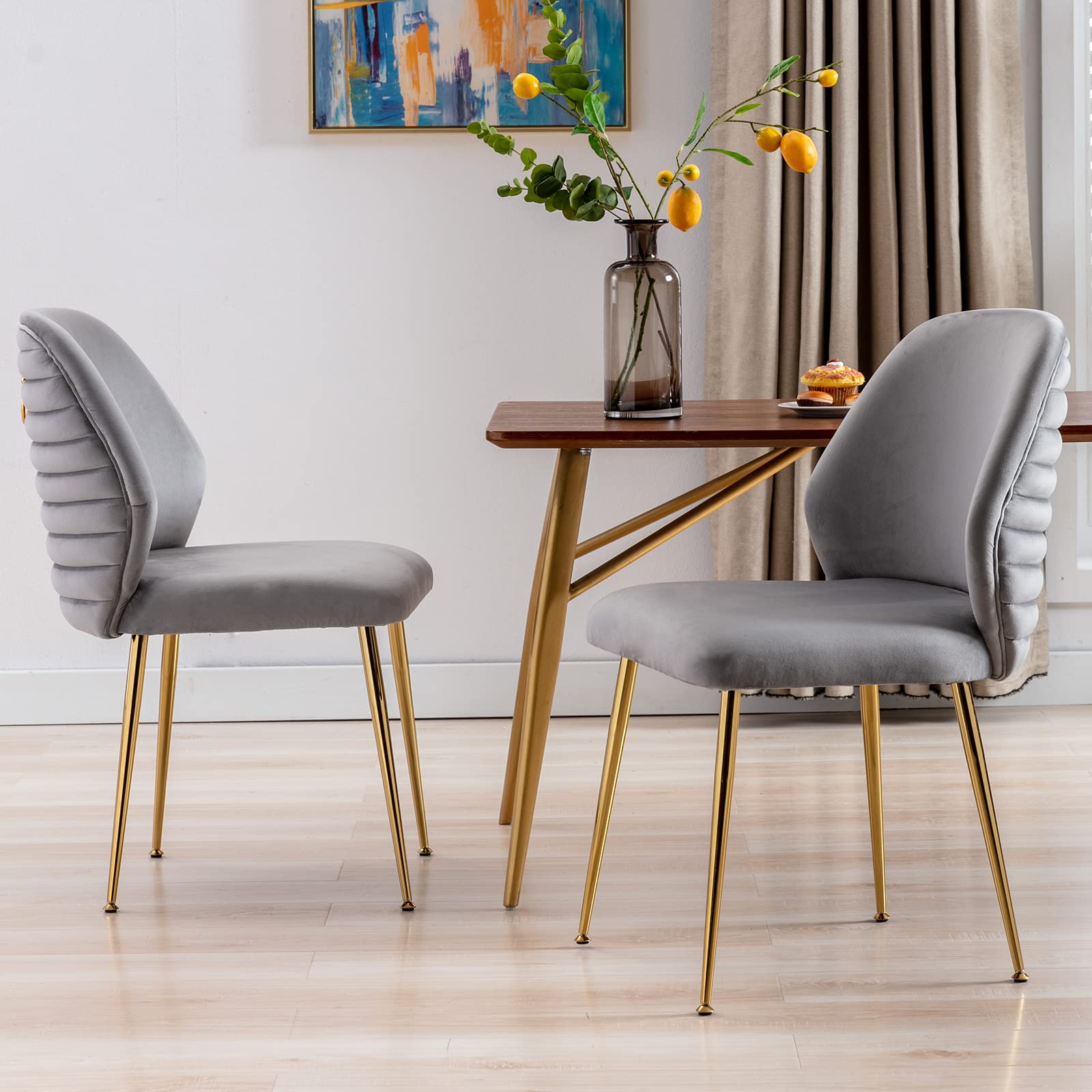 ZHENGHAO Velvet Dining Chairs Set of 2, Mid Century Upholstered Dining Room Accent Chairs Modern Comfy Tufted Side Chair with Gold Legs and Ring Pull for Kitchen Living Room Bedrooms (Grey 2pcs)