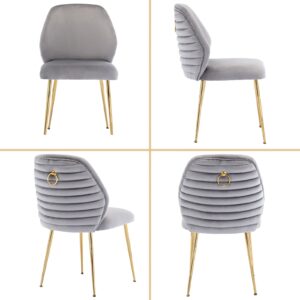 ZHENGHAO Velvet Dining Chairs Set of 2, Mid Century Upholstered Dining Room Accent Chairs Modern Comfy Tufted Side Chair with Gold Legs and Ring Pull for Kitchen Living Room Bedrooms (Grey 2pcs)