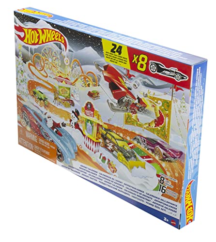 Hot Wheels Toy Cars, 2022 Advent Calendar with 8 1:64 Scale Vehicles, 16 Holiday-Themed Accessories & Playmat