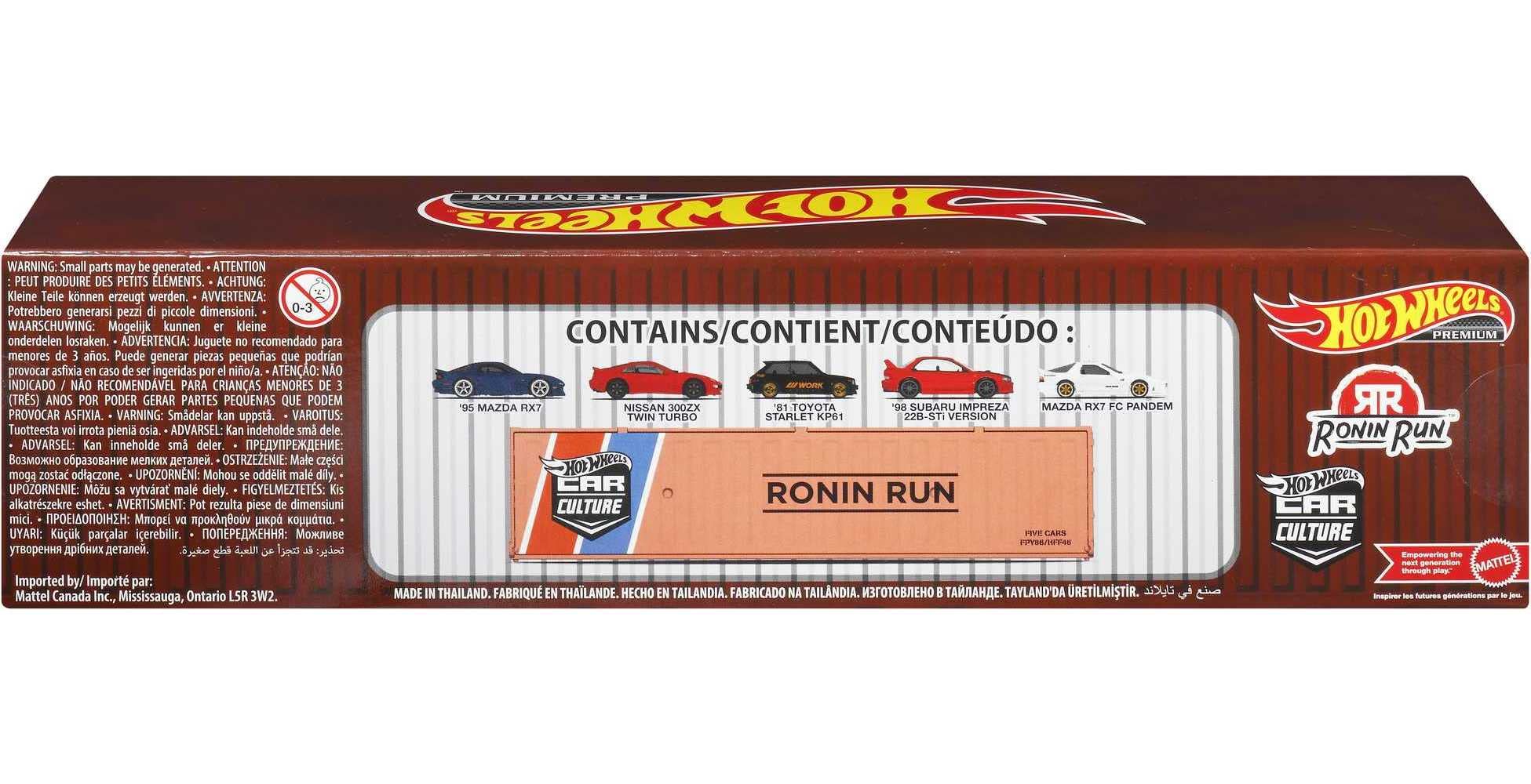 Hot Wheels Ronin Run Container Set, 5 1:64 Scale Premium Cars in Collectible Container, Metal/Metal Body & RealRiders Tires, for Collectors