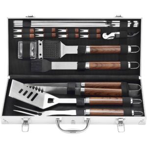 grilljoy 20pcs heavy duty bbq grill tools set - extra thick stainless steel spatula, fork& tongs. complete barbecue accessories kit in aluminum storage case - perfect grill gifts for men