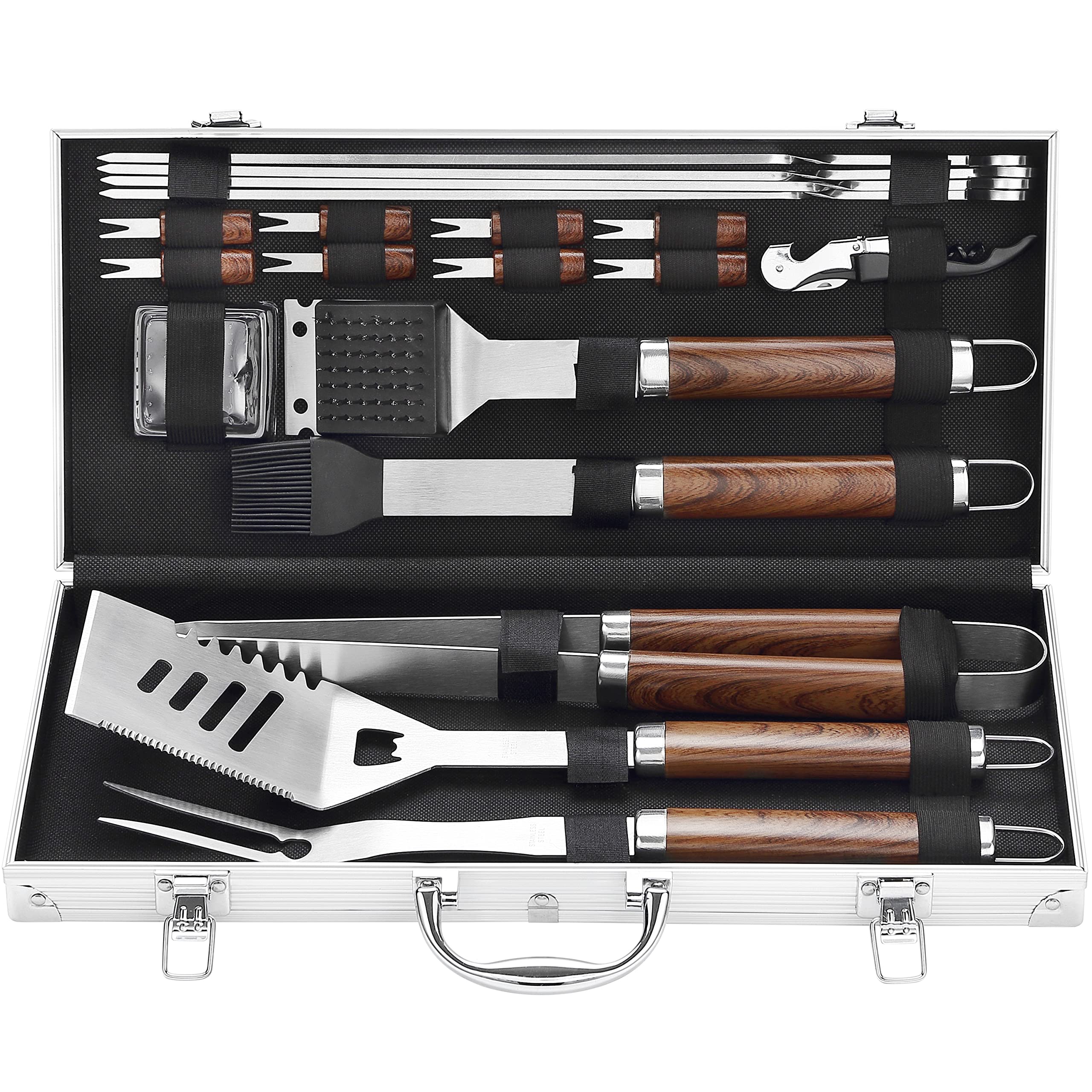 grilljoy 20PCS Heavy Duty BBQ Grill Tools Set - Extra Thick Stainless Steel Spatula, Fork& Tongs. Complete Barbecue Accessories Kit in Aluminum Storage Case - Perfect Grill Gifts for Men