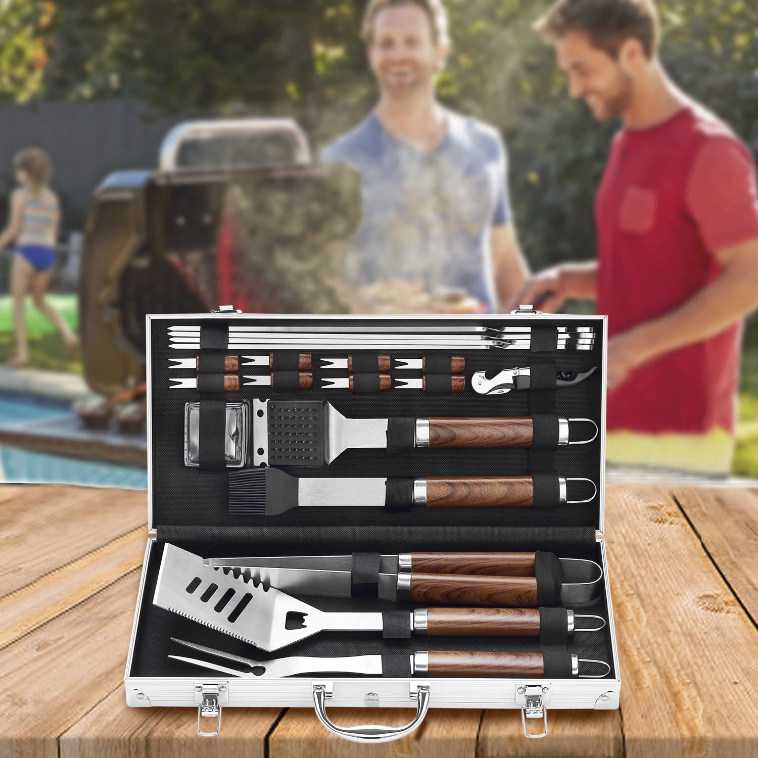 grilljoy 20PCS Heavy Duty BBQ Grill Tools Set - Extra Thick Stainless Steel Spatula, Fork& Tongs. Complete Barbecue Accessories Kit in Aluminum Storage Case - Perfect Grill Gifts for Men