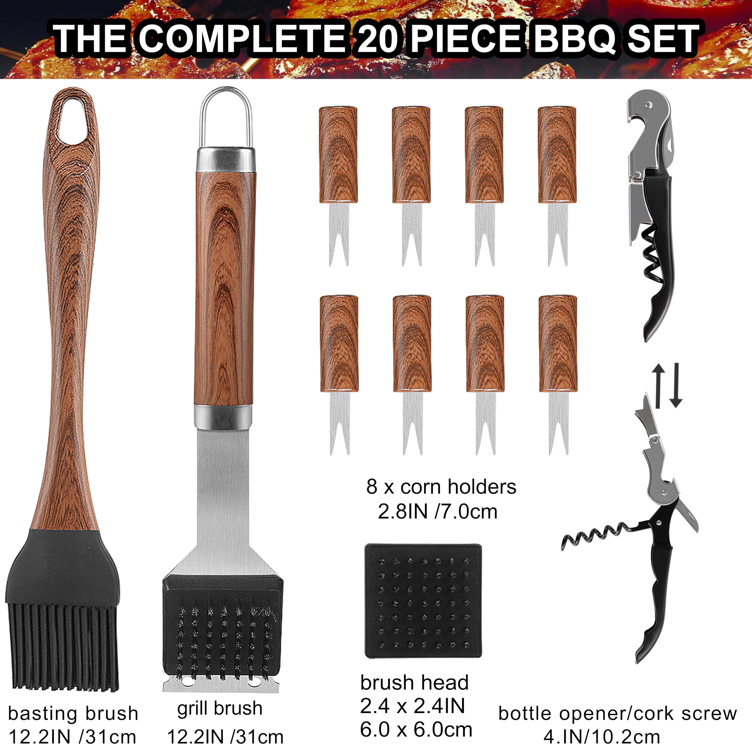 grilljoy 20PCS Heavy Duty BBQ Grill Tools Set - Extra Thick Stainless Steel Spatula, Fork& Tongs. Complete Barbecue Accessories Kit in Aluminum Storage Case - Perfect Grill Gifts for Men